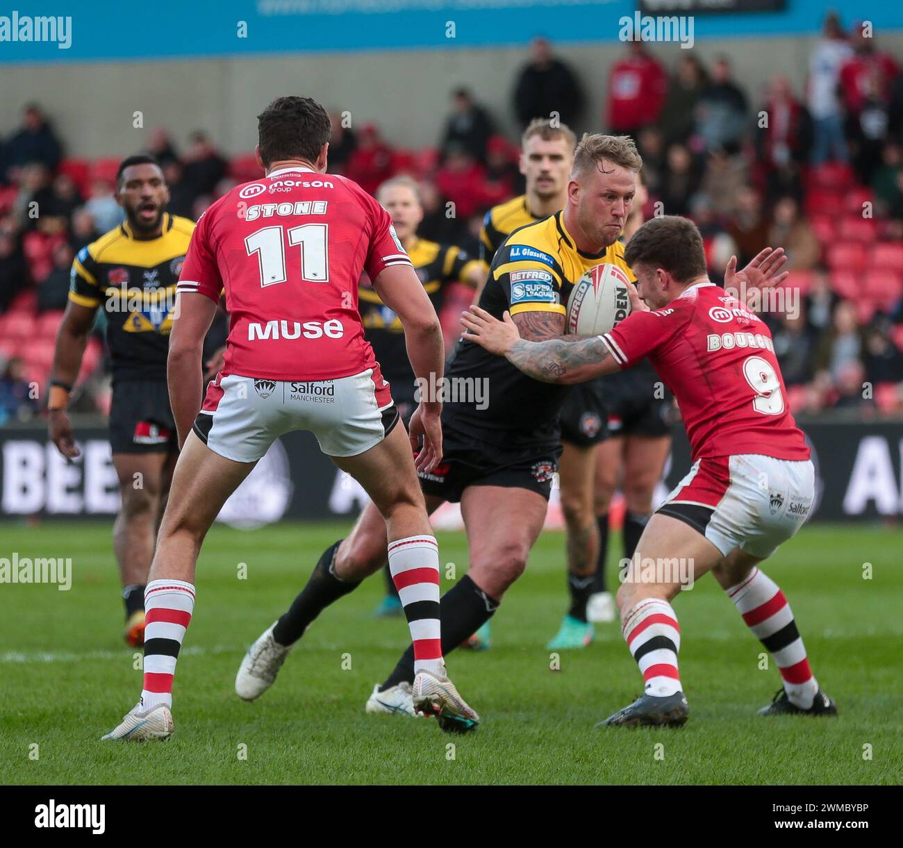 Manchester, UK. 25th Feb, 2024. Joe Westerman is tackled *** during the ...