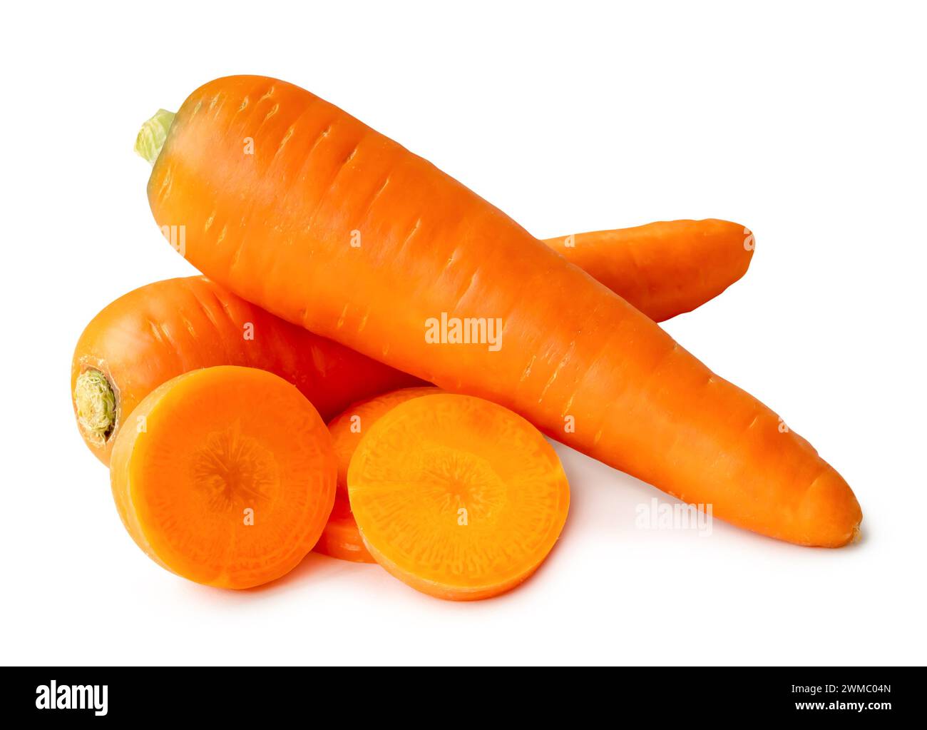 Front view of beautiful orange carrots with slices in stack is isolated ...