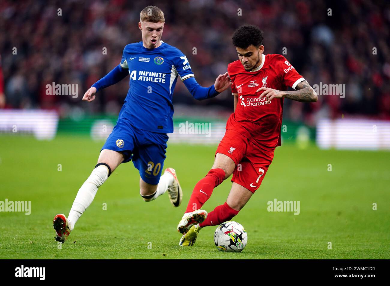 Chelsea's Cole Palmer and Liverpool's Luis Diaz (right) during the ...