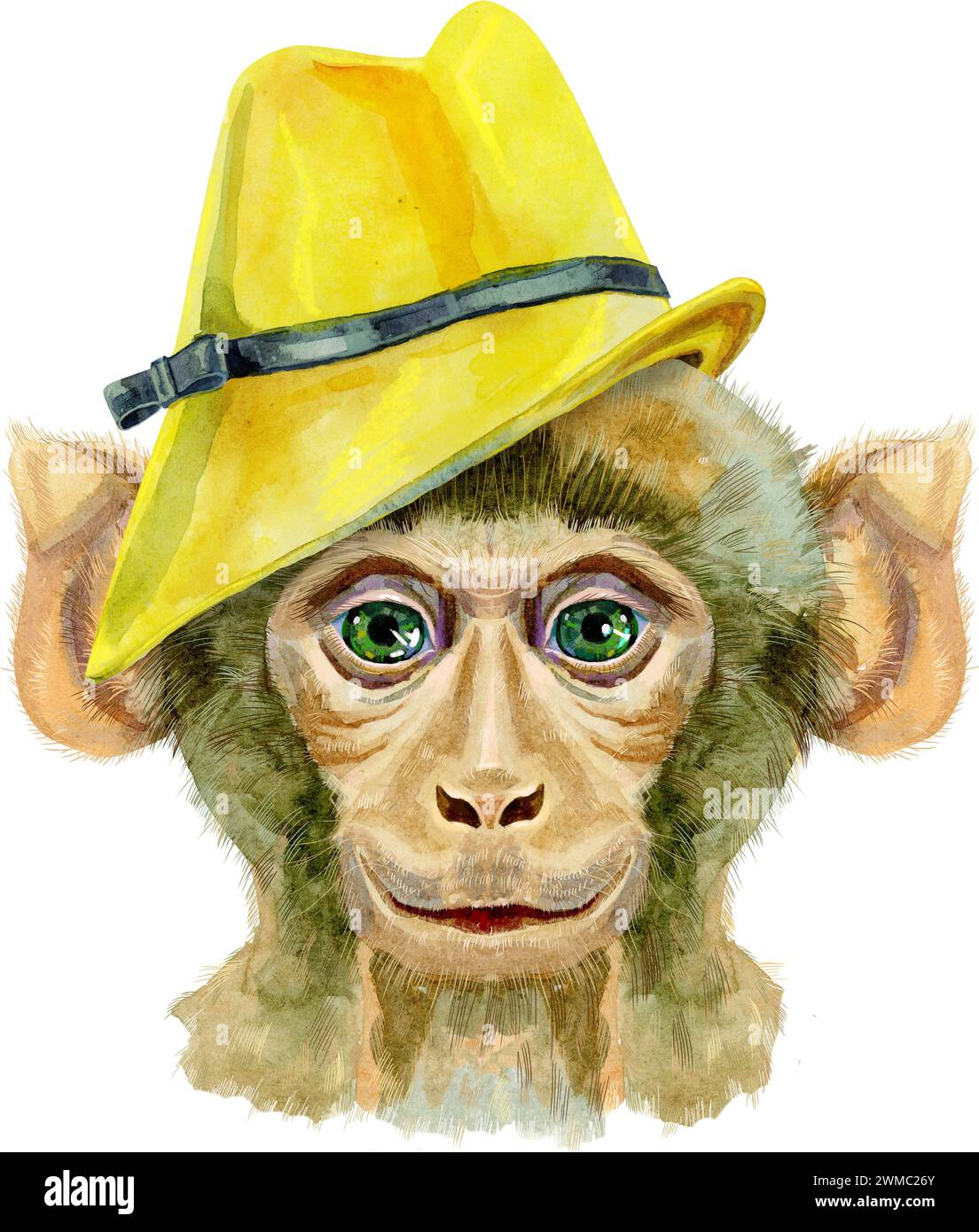 Monkey in yellow hat. Watercolor illustration isolated on white ...