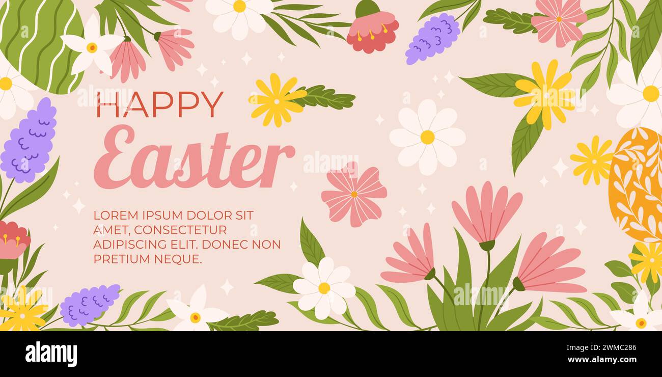 Happy Easter horizontal background template. Design with painted eggs ...