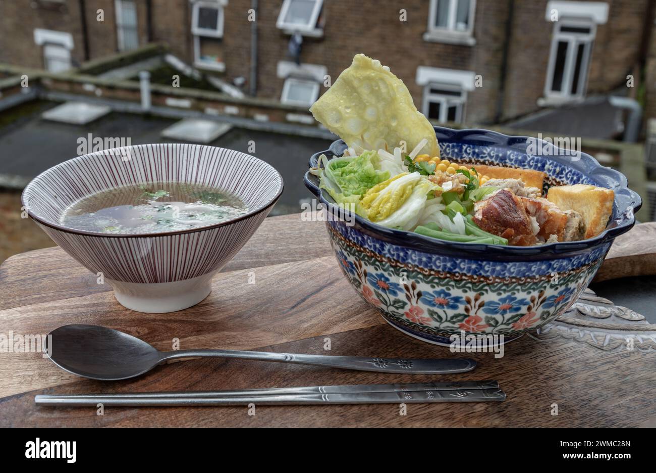 Rice stick noodles topped with Minced pork, Crispy pork, Fried wontons ...