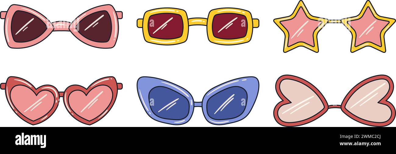 Set of different retro style, hippie sunglasses. Retro aesthetic vibe ...