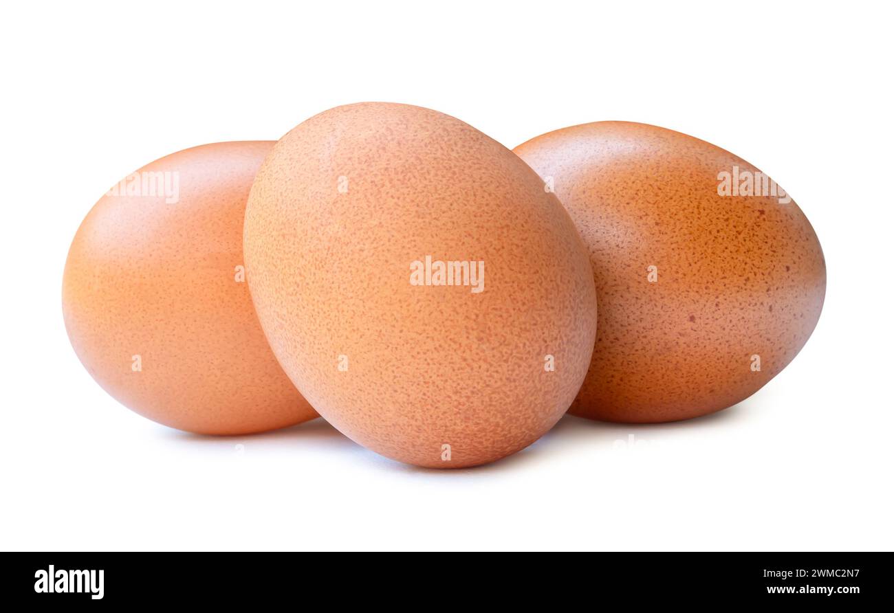 Front view of fresh chicken eggs in stack is isolated on white ...