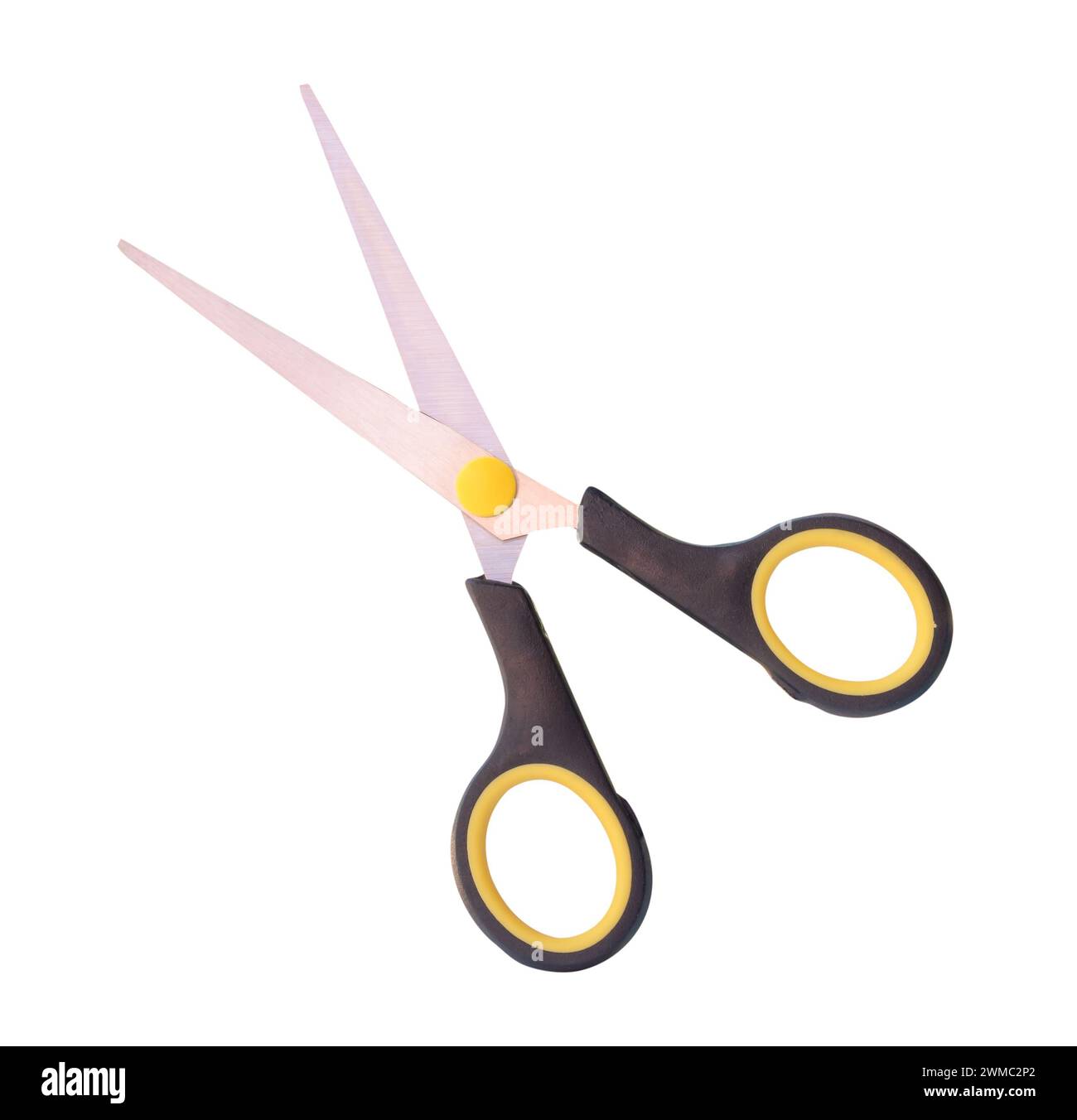 Small multipurpose scissors with black handle is isolated on white ...