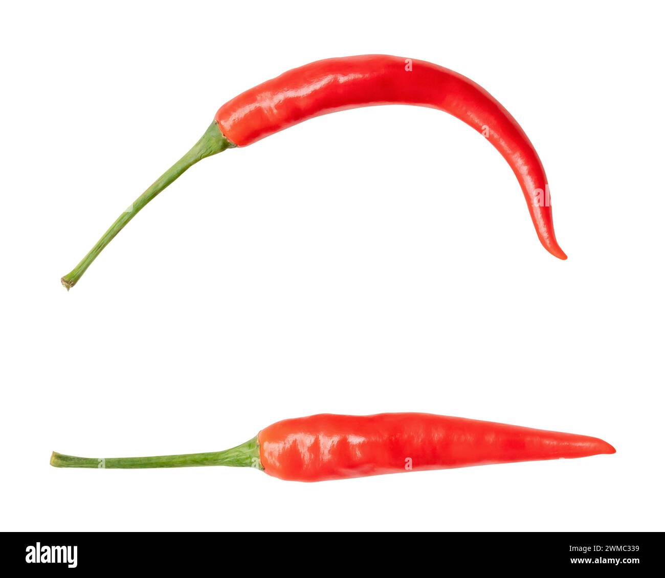 Top view and flat lay of fresh curved red chili peppers in set is ...