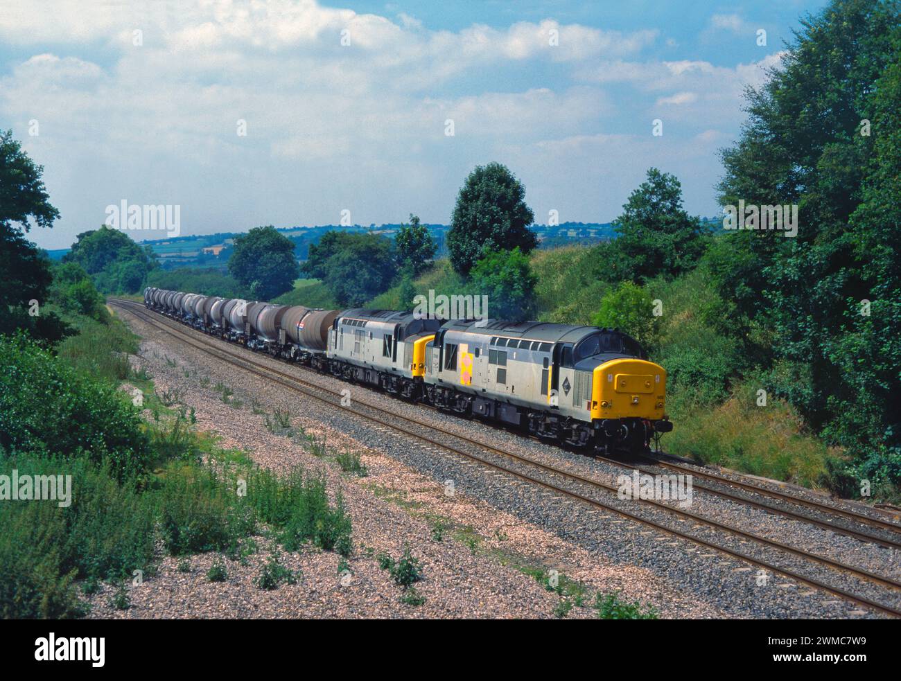 A pair of Class 37 diesel locomotives numbers 37669 and 37674 working a ...