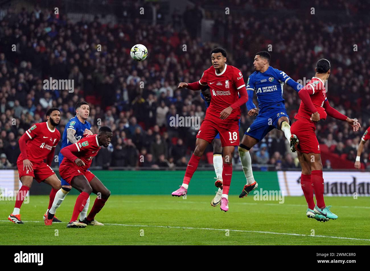 Chelsea's Levi Colwill wins a header during the Carabao Cup final at ...