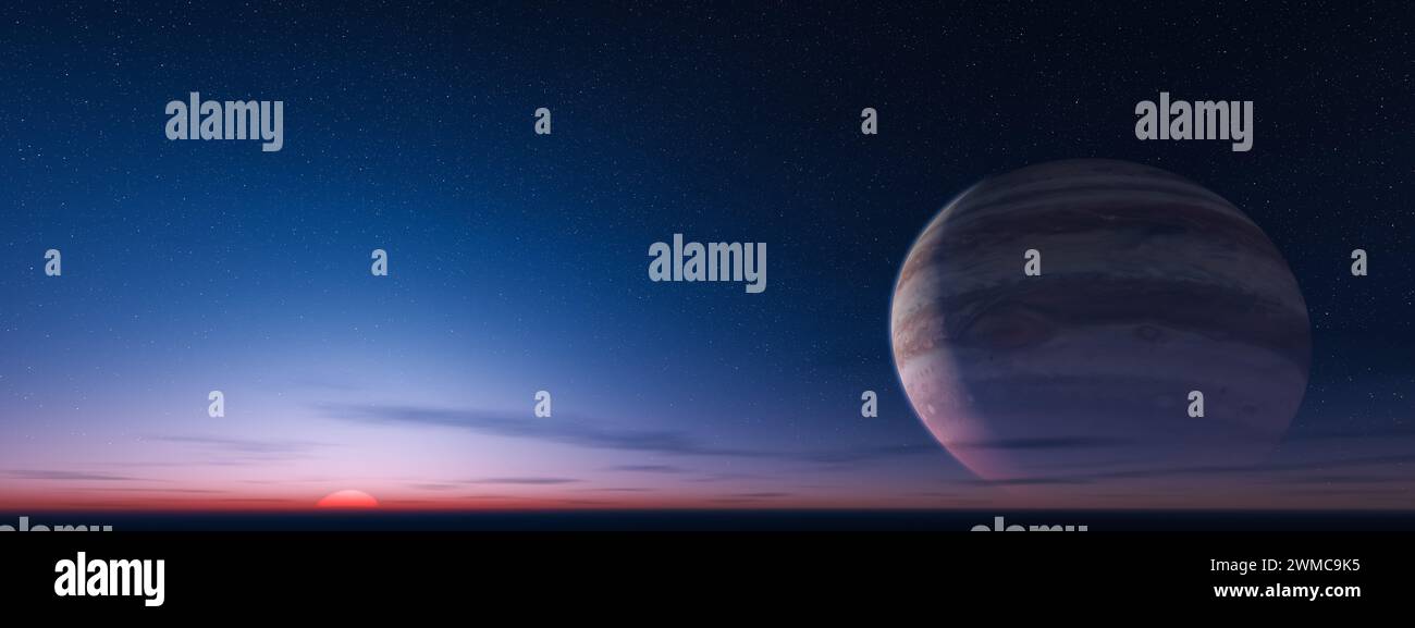 Sci-fi Colorful Cloudscape Sky Background with Jupiter planet. 3d ...
