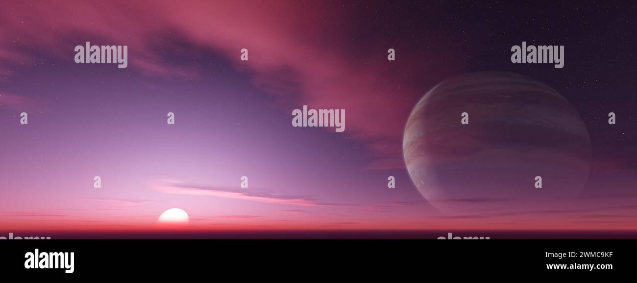 Sci-fi Colorful Cloudscape Sky Background with Jupiter planet. 3d ...