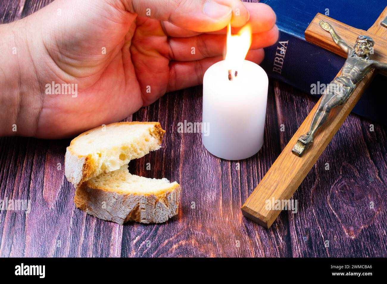 Lent season - Bread, water and bible Stock Photo - Alamy