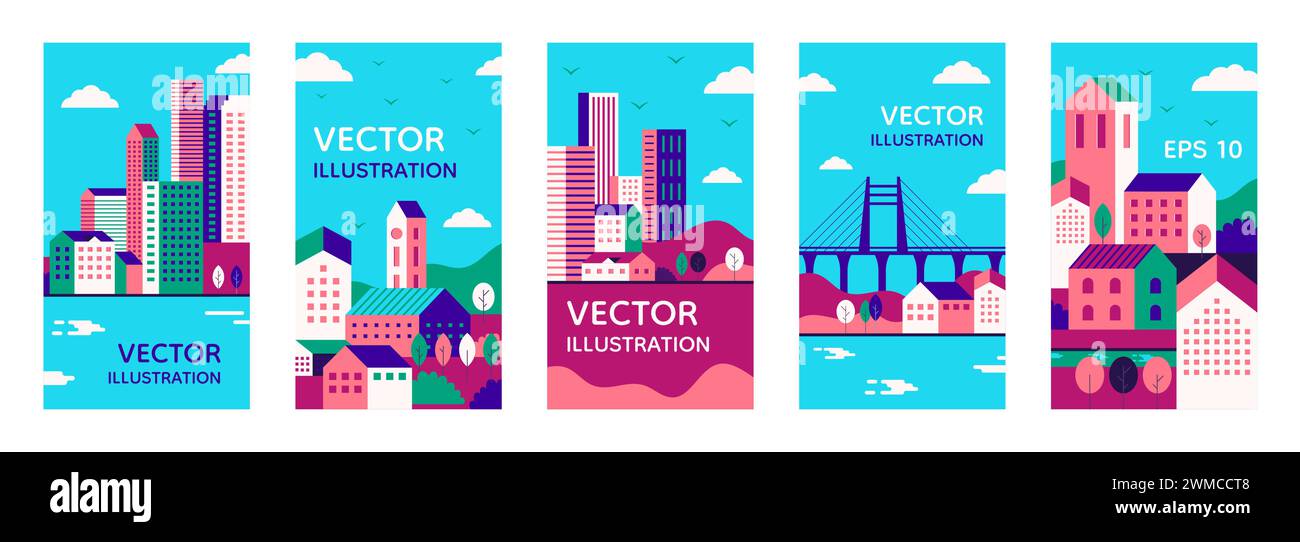 City landscape. Town buildings, simple geometric urban pattern with sky ...