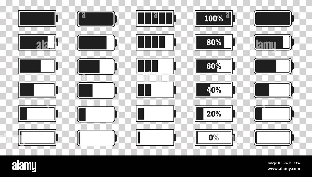 Level battery energy icon set. Powerfully full and power low up status ...