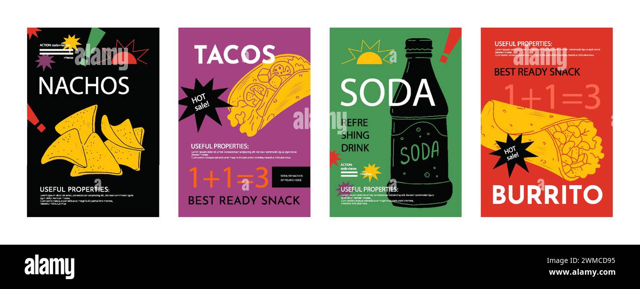 Mexican food posters. Street meal. Taco and nacho. Cafe invitation ...