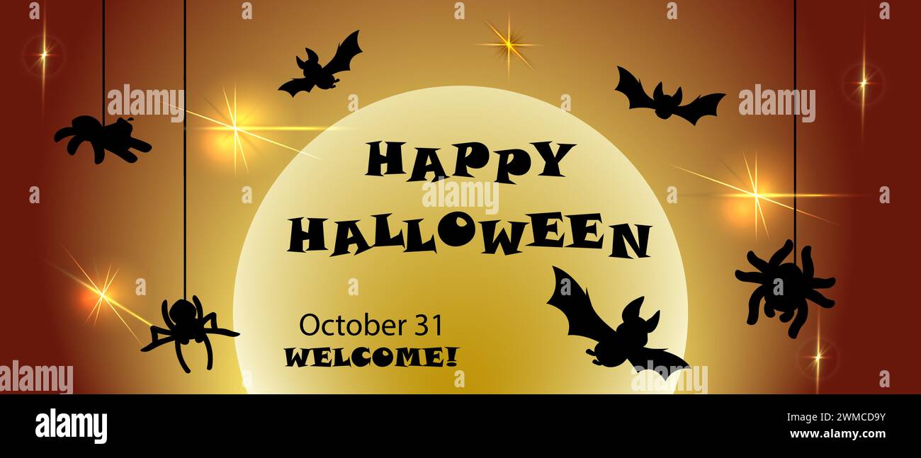 Halloween banner. Party welcome horizontal poster. Black silhouette ...