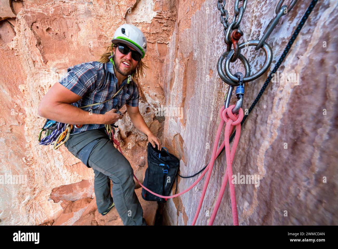 Multi-pitch climbing at the Castleton tower near Moab, Utah, USA Stock ...