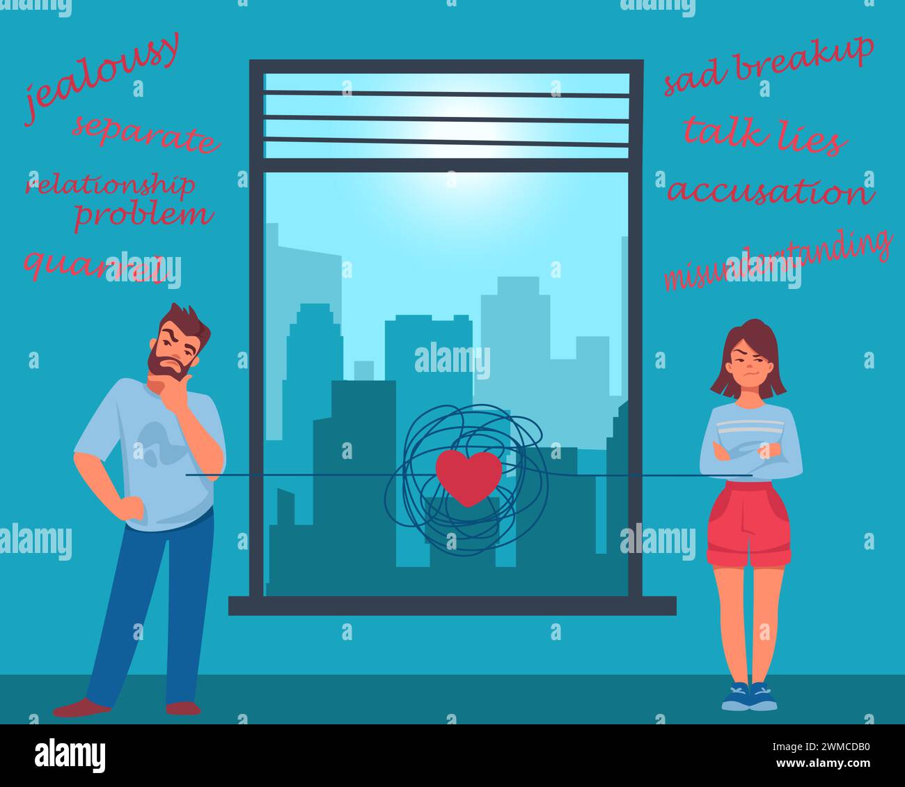 Landscape in window. Couple relationship crisis. Tangled rope. Male ...