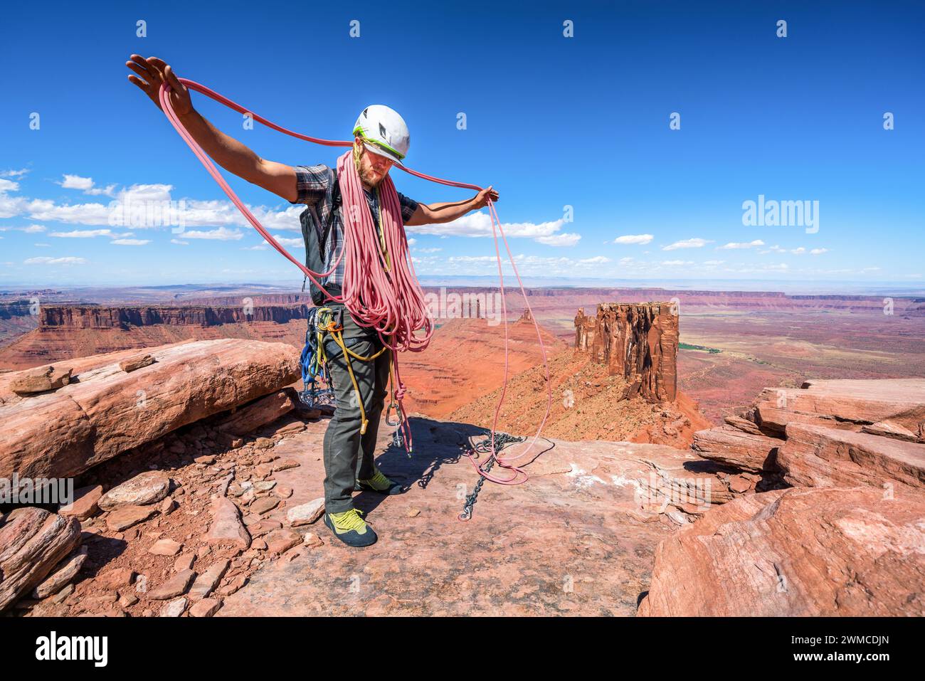 Sorting out the rope after multi-pitch climbing the Castleton tower ...