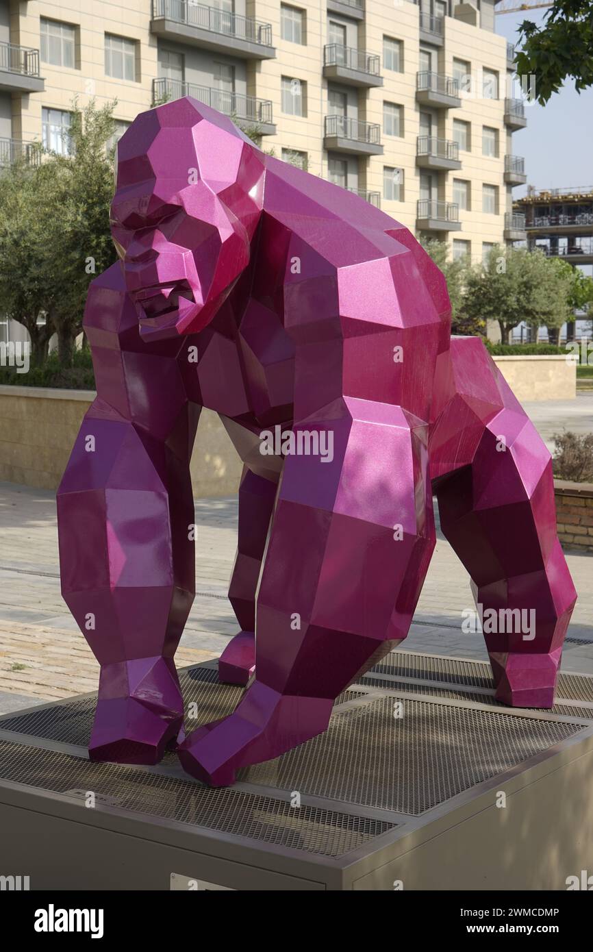 BAKU, AZERBAIJAN - MAY 24, 2018: Red, iron statue, monument orangutans ...
