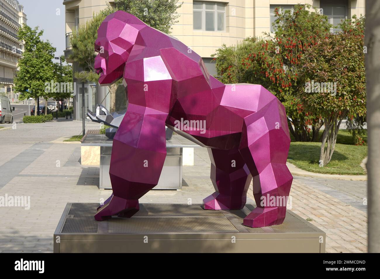 BAKU, AZERBAIJAN - MAY 24, 2018: Red, iron statue, monument orangutans ...