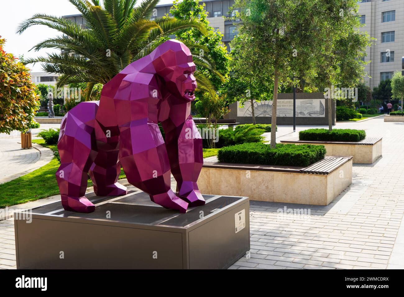 BAKU, AZERBAIJAN - MAY 24, 2018: Red, iron statue, monument orangutans ...