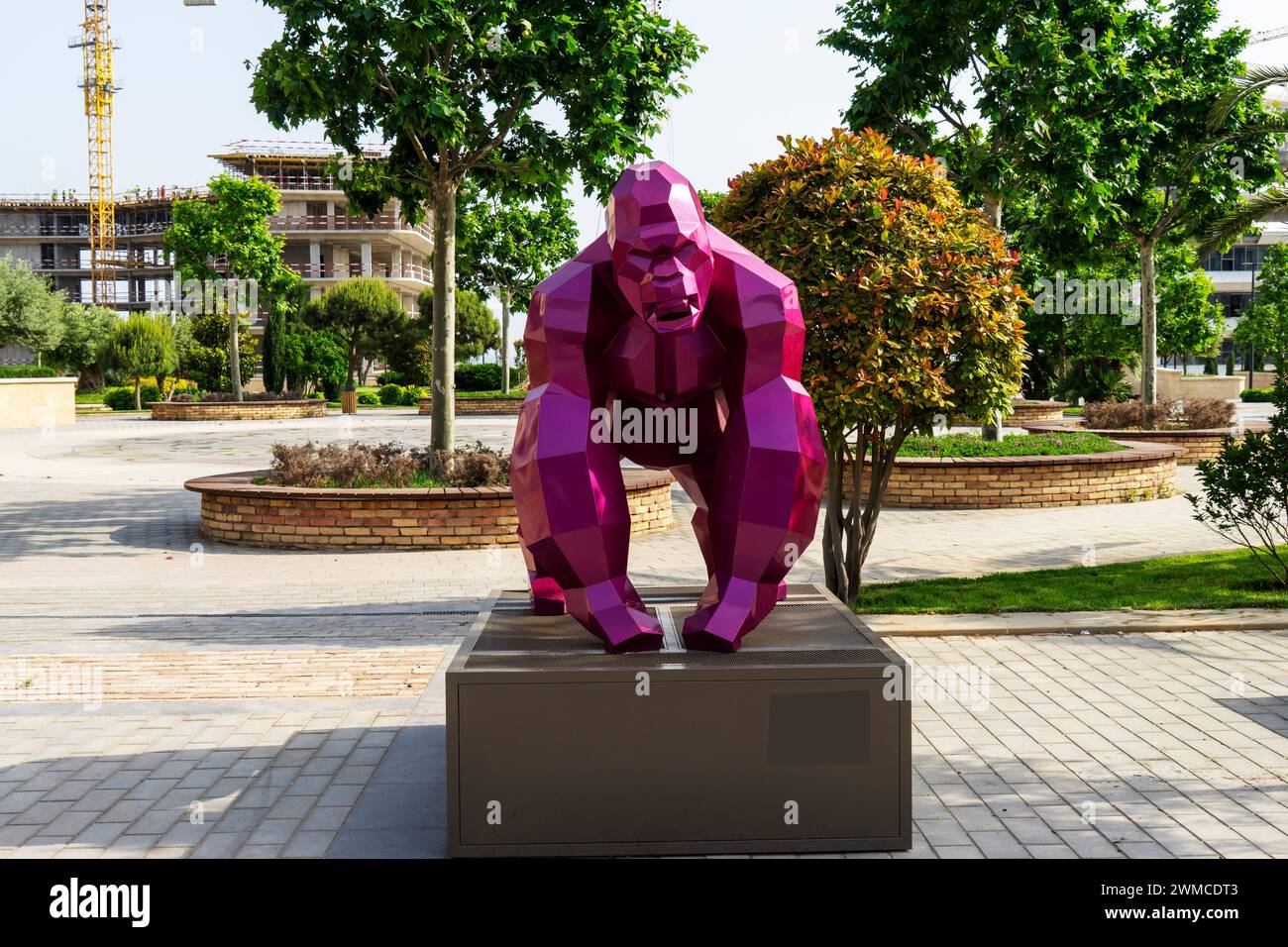 BAKU, AZERBAIJAN - MAY 24, 2018: Red, iron statue, monument orangutans ...
