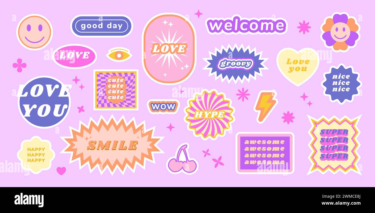 Y2K aesthetic stickers. Groovy logo. Retro art labels. Business SMM design template for digital ...