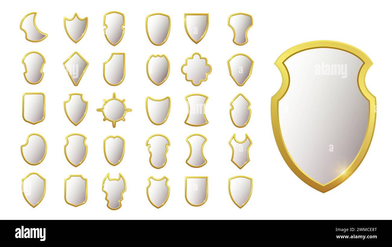 Set of realistic golden heraldic shields. Glass and glossy shield ...