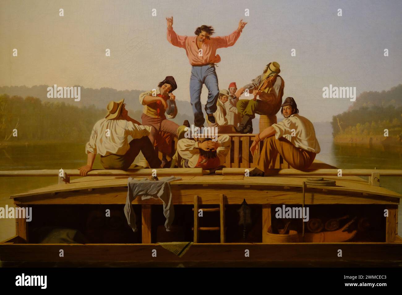 The oil painting "The Jolly Flatboatmen" 1846 by American artist George ...