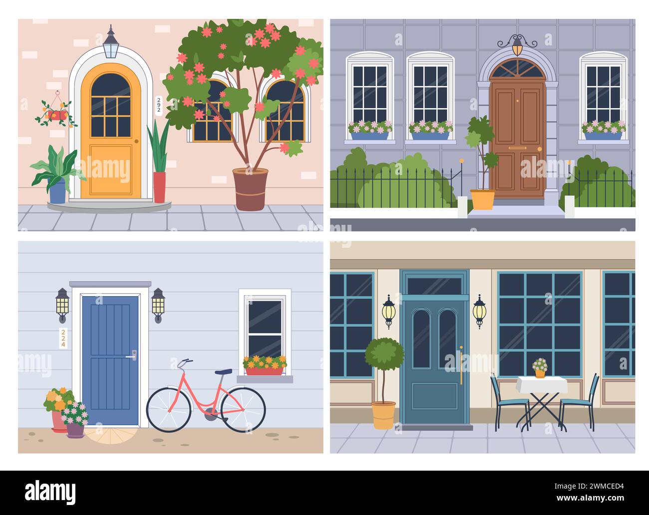 Home walls. Street houses. Residential building facades with doors and ...