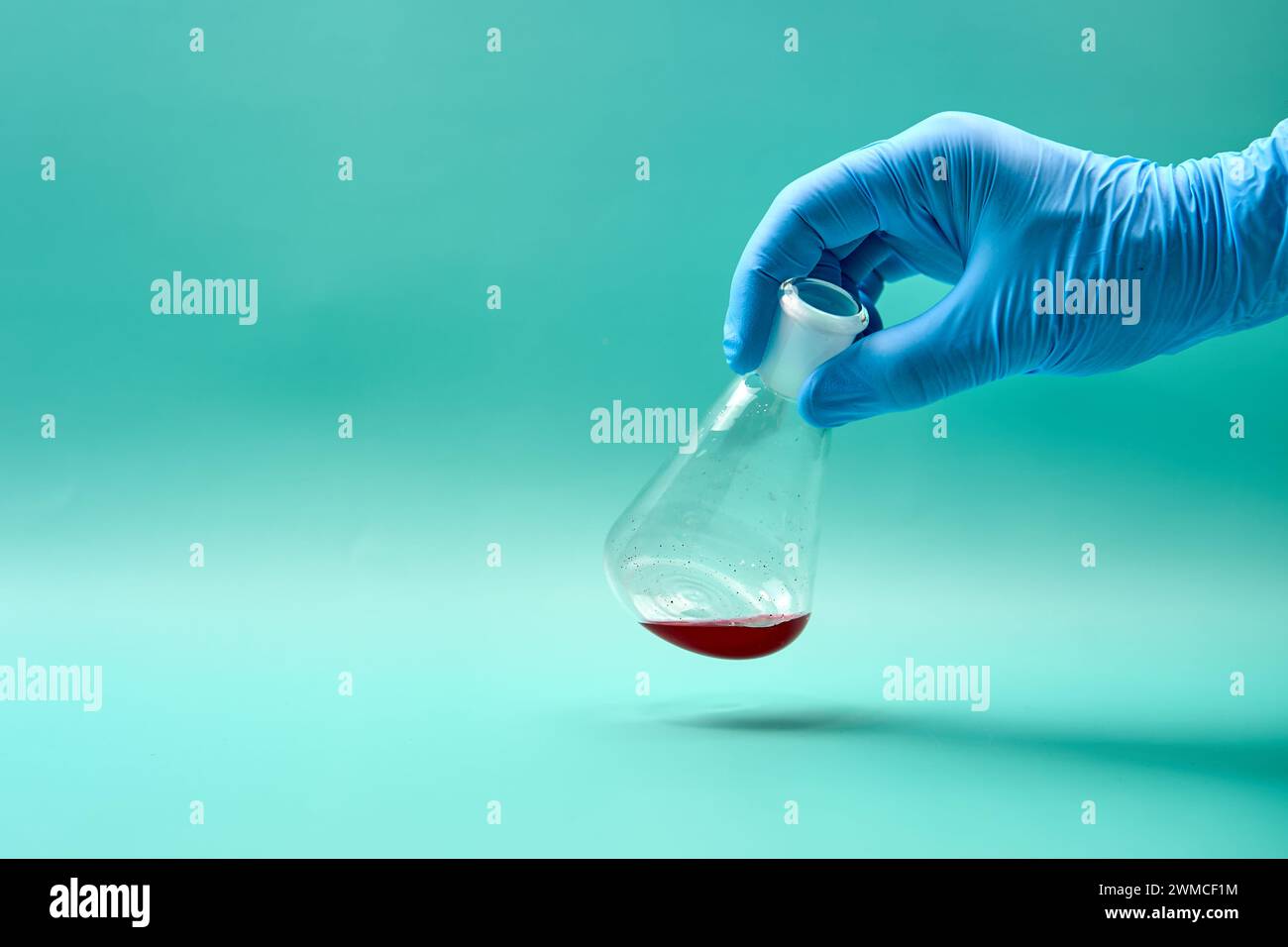 Hand of anonymous doctor in latex glove holding conical flask with red ...
