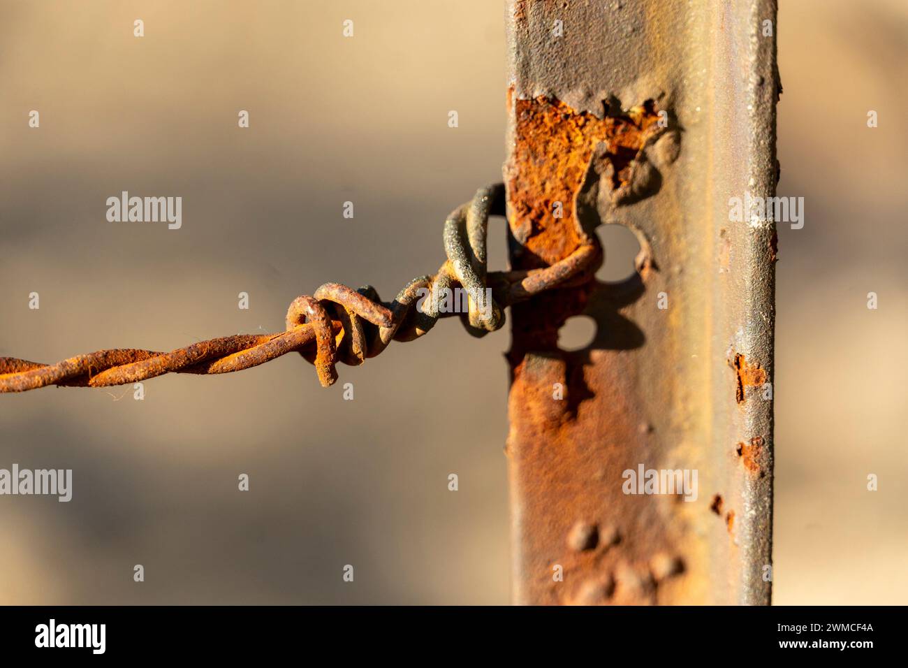 barbed wire tied to a metal pole with background out of focus Stock ...
