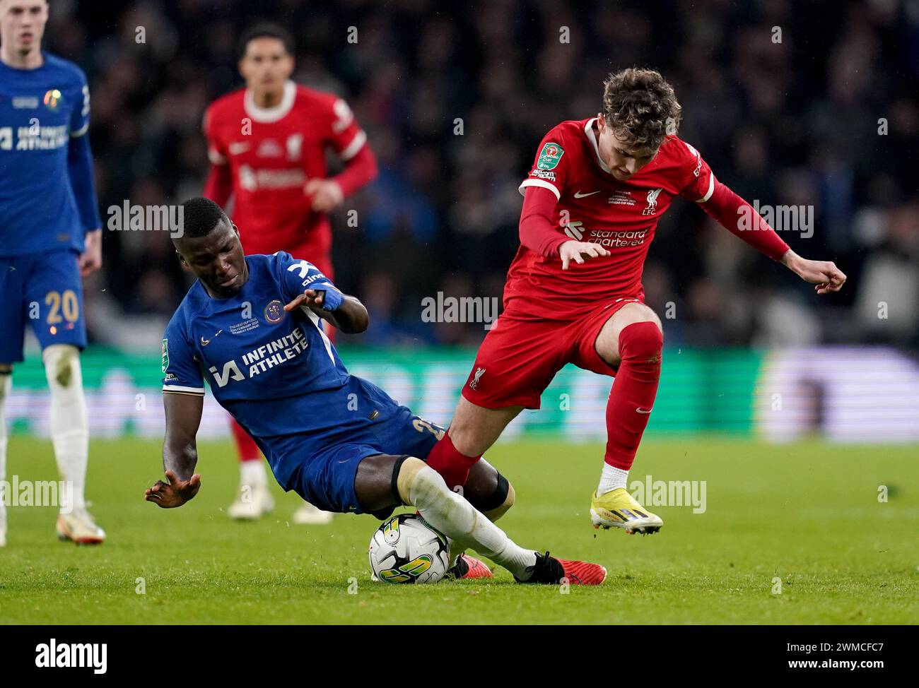 Chelsea's Moises Caicedo (left) and Liverpool's Bobby Clark battle for ...