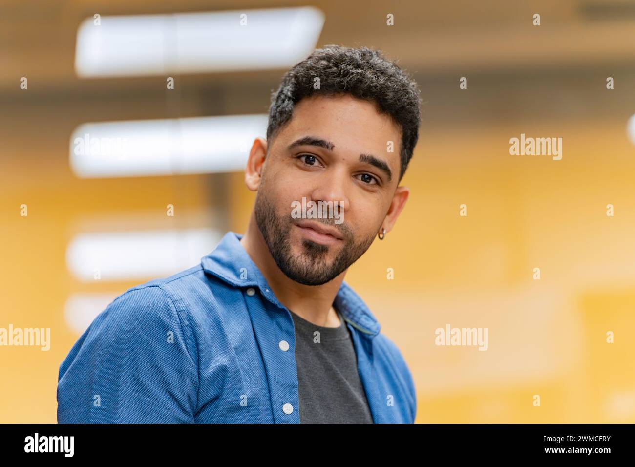 Portrait of a content male professional with a slight smile in a modern ...