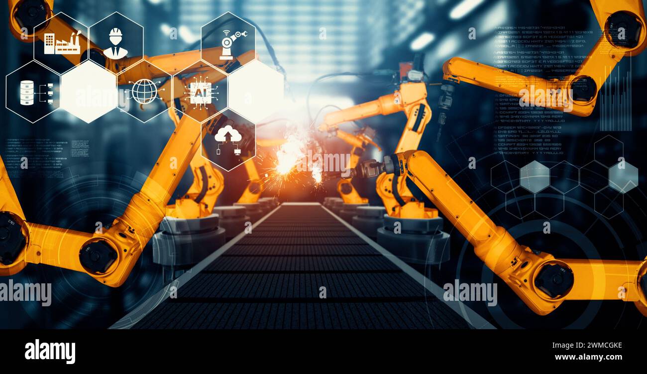 XAI Mechanized industry robot arm for assembly in factory production line. Concept of artificial ...