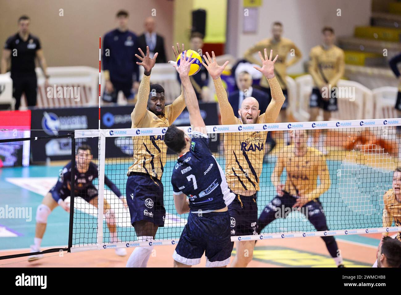 Latina, Italy. 25th Feb, 2024. Noumory Keita (Rana Verona) and Aidan Zingel (Rana Verona) during ...