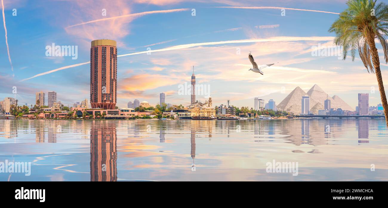 Cairo downtown panorama, pyramids, nile and the skyscrappers, Egypt ...