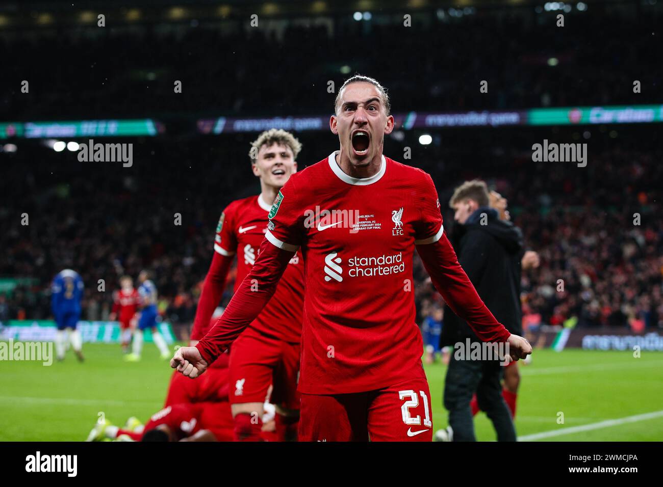 LONDON, UK - 25th Feb 2024: Kostas Tsimikas of Liverpool celebrates his ...