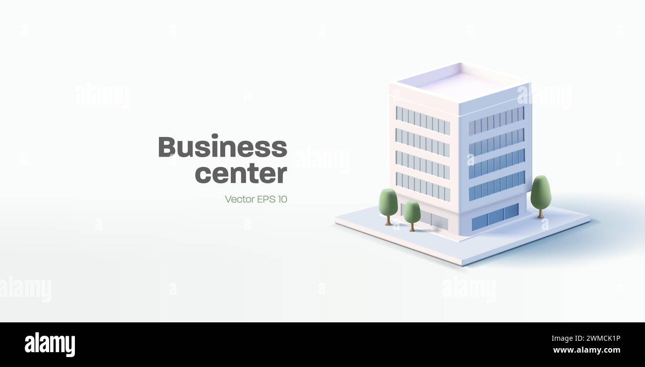 Business center building 3d render illustration with windows and trees ...