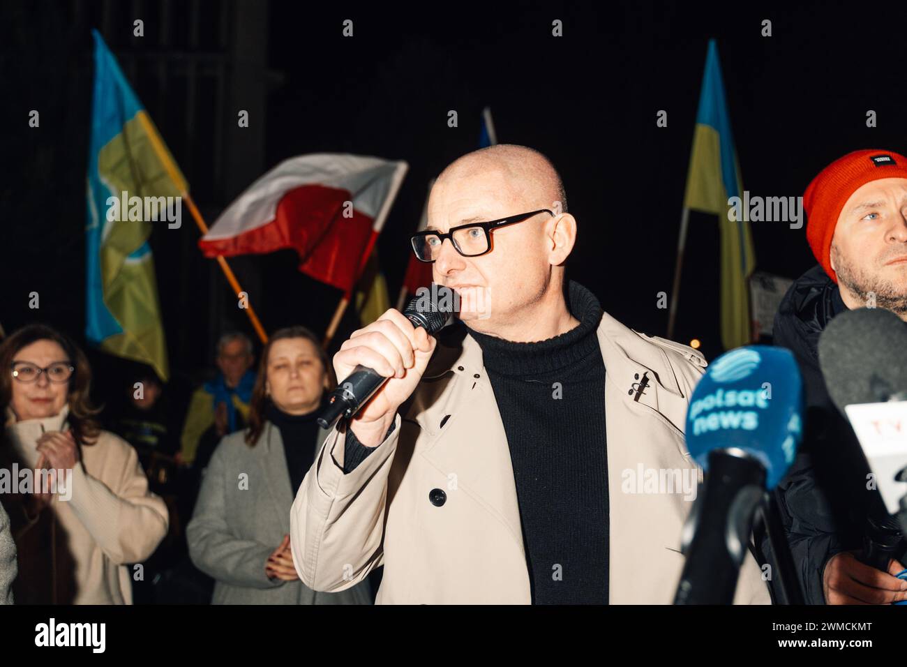Michal Kaminski, deputy speaker of the Senat addresses the crowd during ...