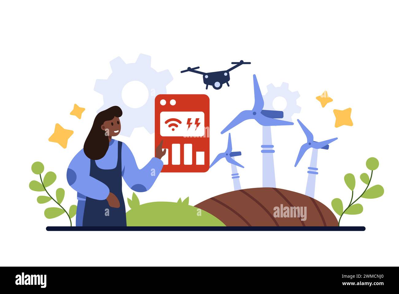 Automation of agriculture and smart farm innovation. Tiny woman using ...