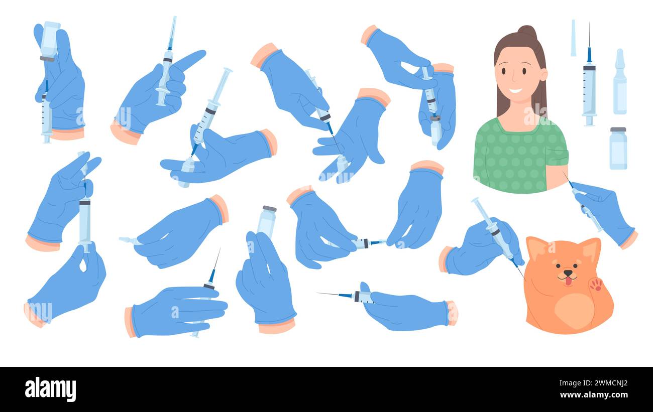 Doctors hands holding syringe and bottle with vaccine for injection set ...