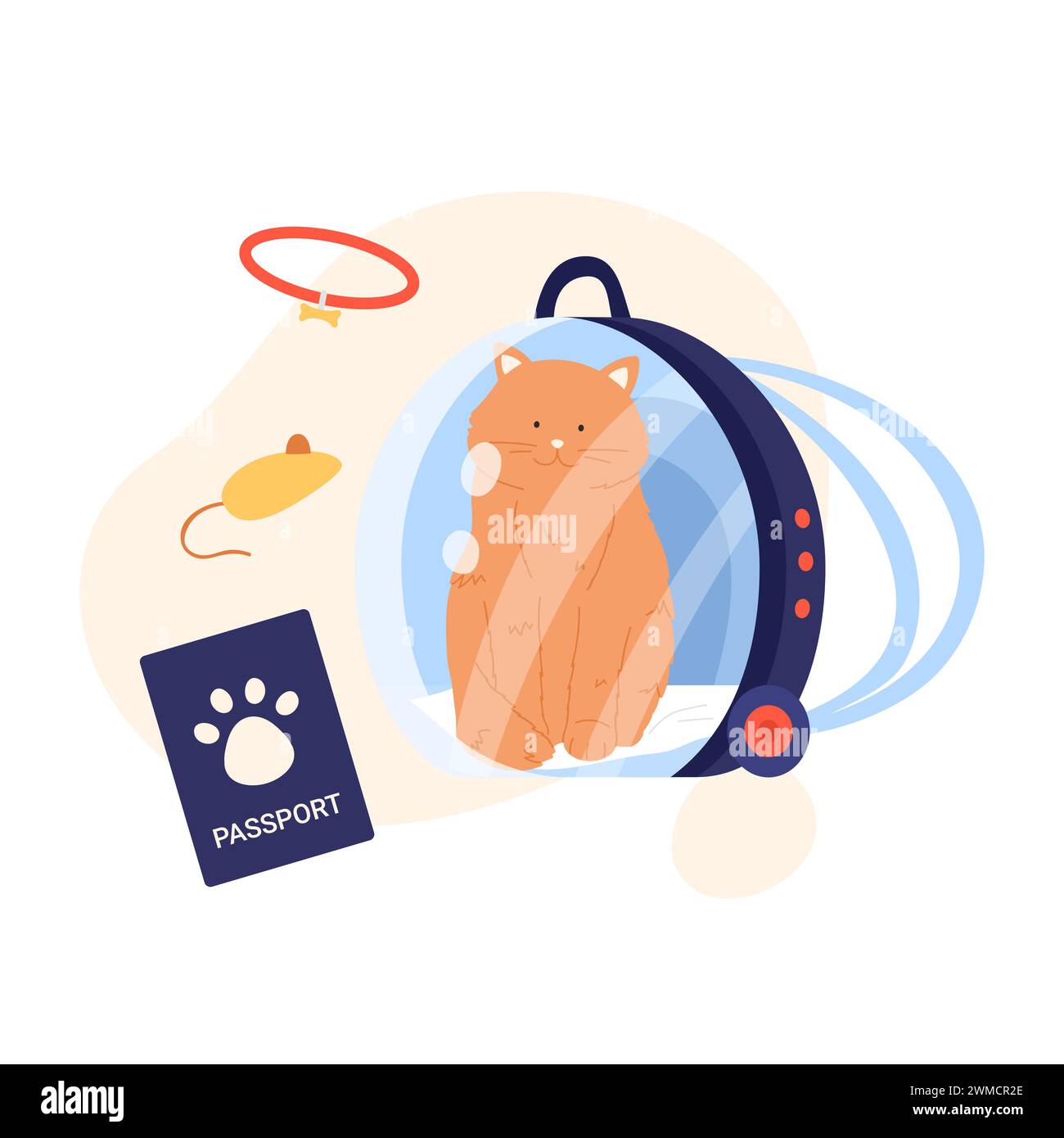Cat in travel bag. Pet passport and travelling toys, journey together ...