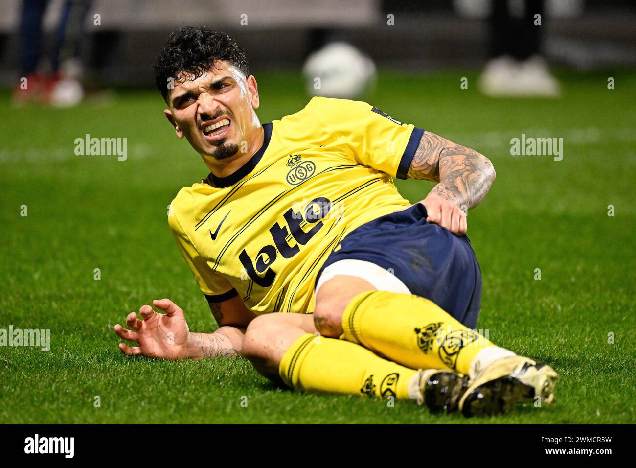 Brussels, Belgium. 25th Feb, 2024. Union's Cameron Puertas Castro lies ...