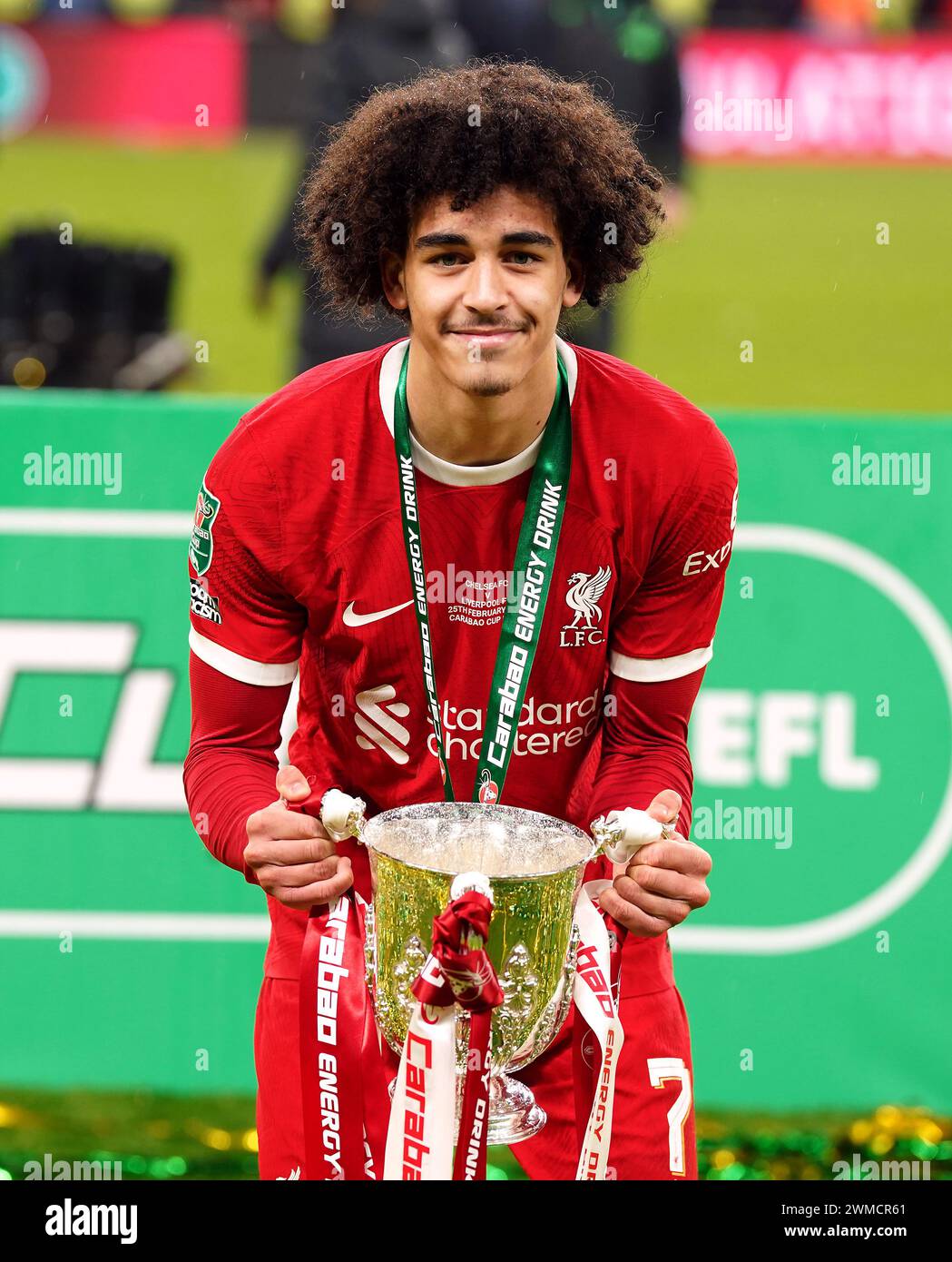 Liverpool's Jayden Danns with the trophy after winning the Carabao Cup ...