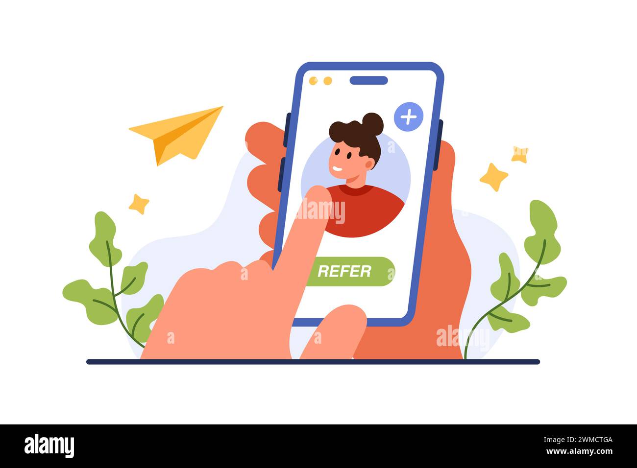 Referral program service. Hand holding phone to touch Refer button, add ...