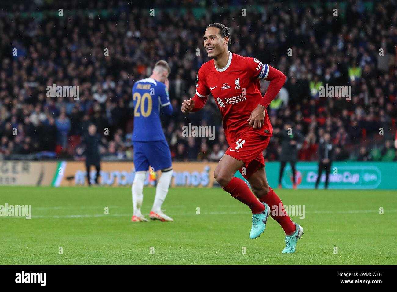London, UK. 25th Feb, 2024. Virgil van Dijk of Liverpool celebrates his ...