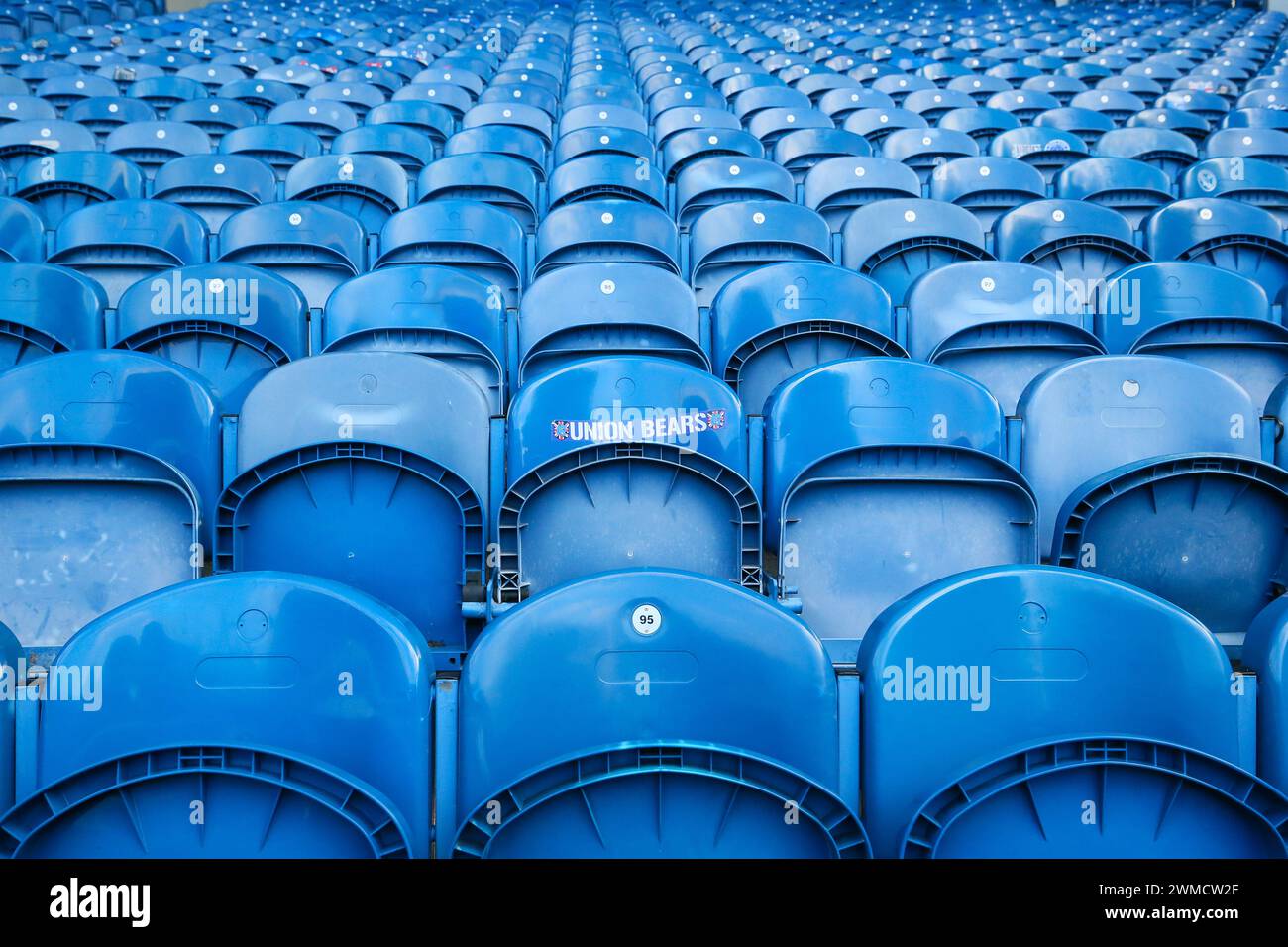 Plastic seating on the terraces inside Ibrox Stadium, home of Rangers ...
