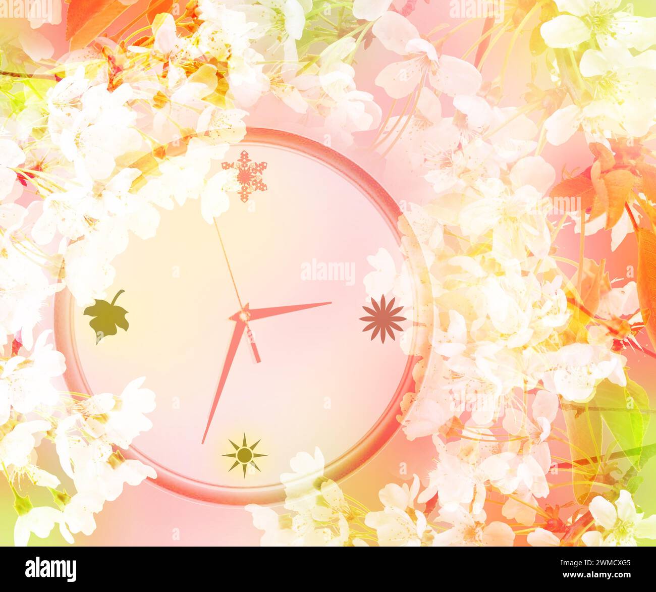 Gentle colors of nature in spring. Clock in cherry blossoms. Concept ...