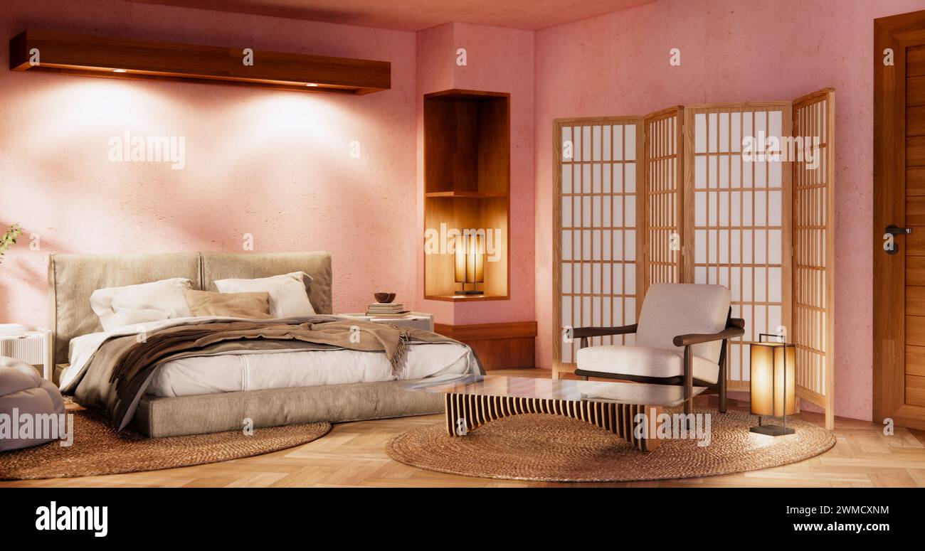 Minimalist wabisabi interior mock up with zen bed plant and decoartion in japanese bedroom Stock ...